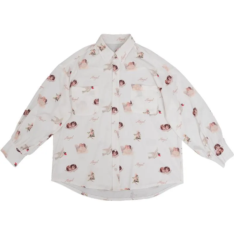 ANGEL PRINT LONG SLEEVE CHIFFON SHIRT