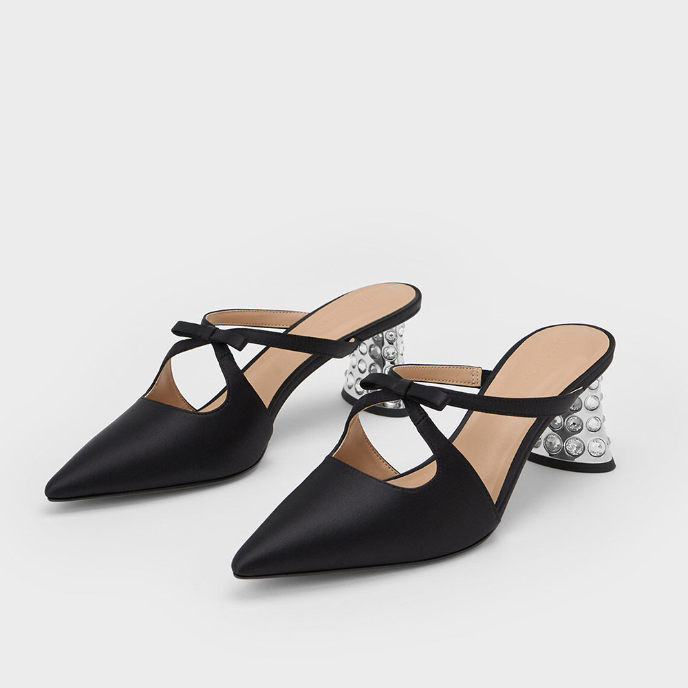 Black Satin Closed Pointed Toe Strappy Mules With Decorative Heels
