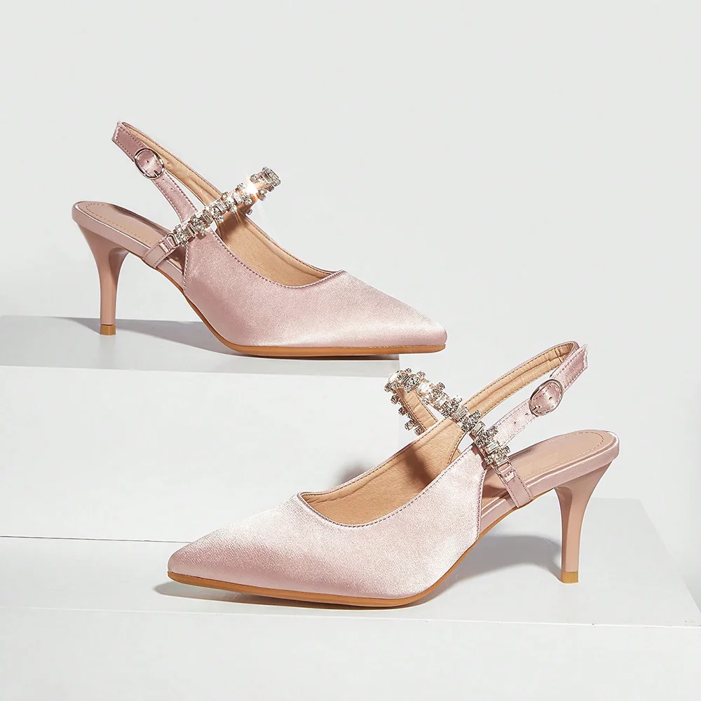 Light Pink Satin Bridal Shoes Pointed Toe Rhinestone Slingback Pumps