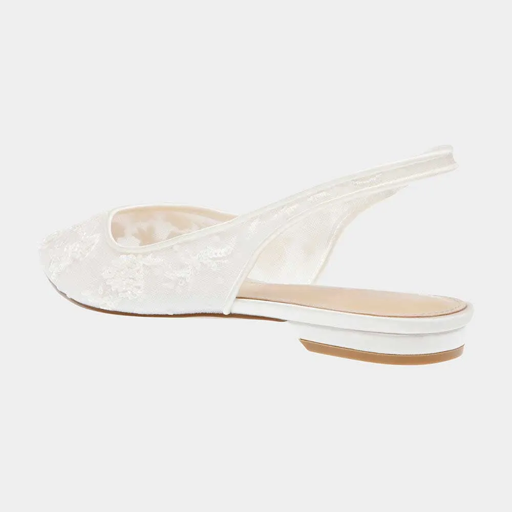 White Lace Pointed Toe Beads Embellished Slingback Flats for Bridal