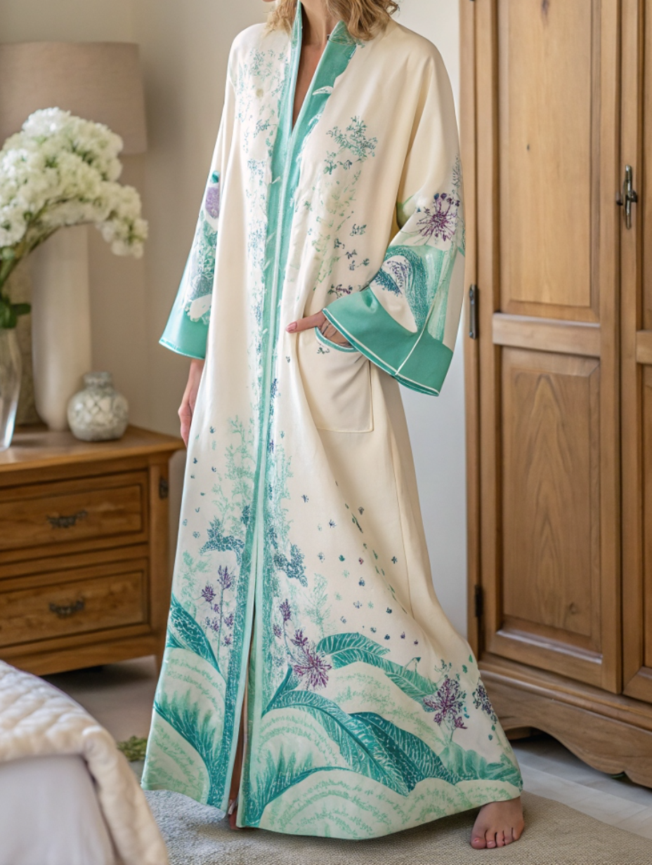 Green Watercolor Meadow Zippered Cotton Robe