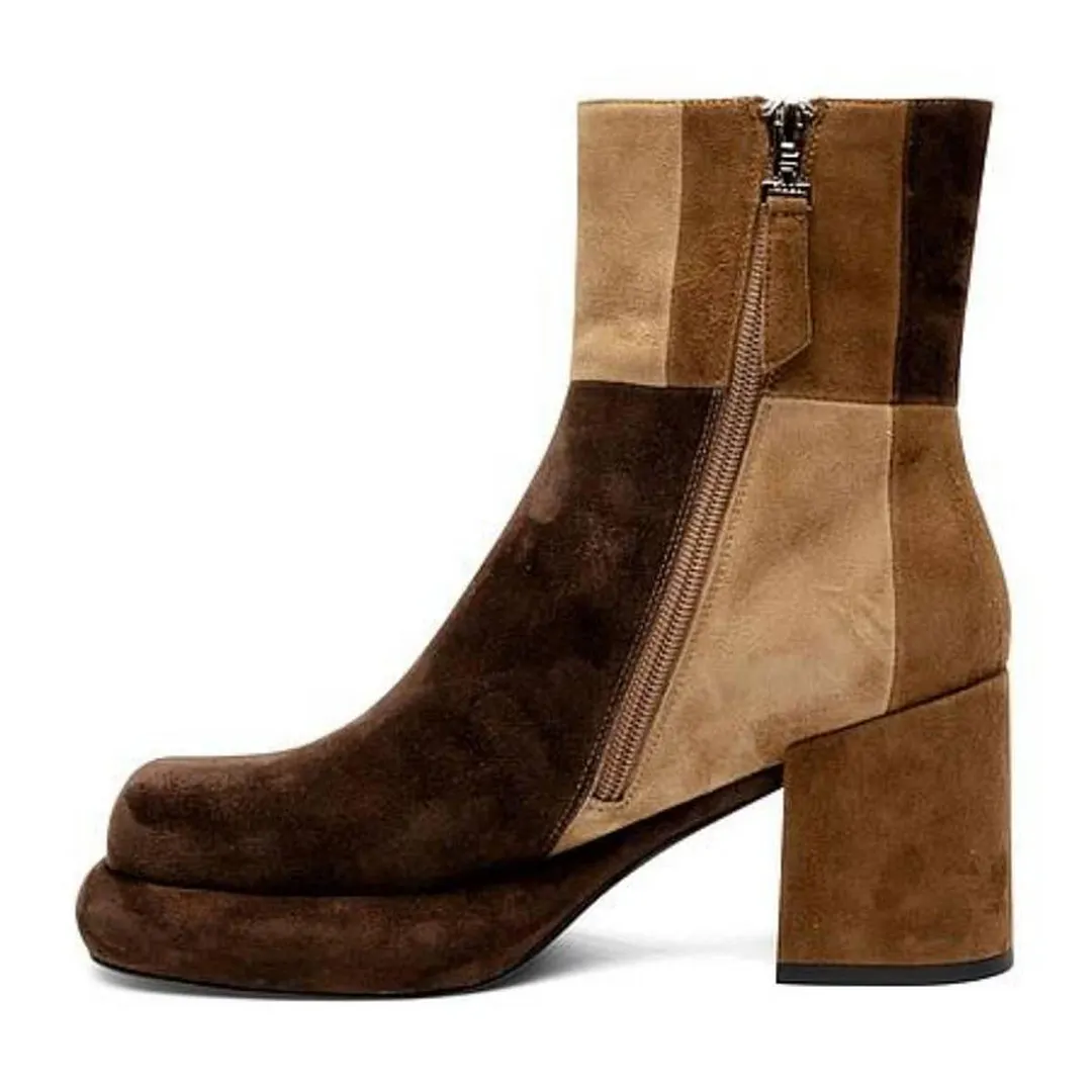 Brown & Tan Patchwork Block Heel Platform Ankle Boots with Zipper