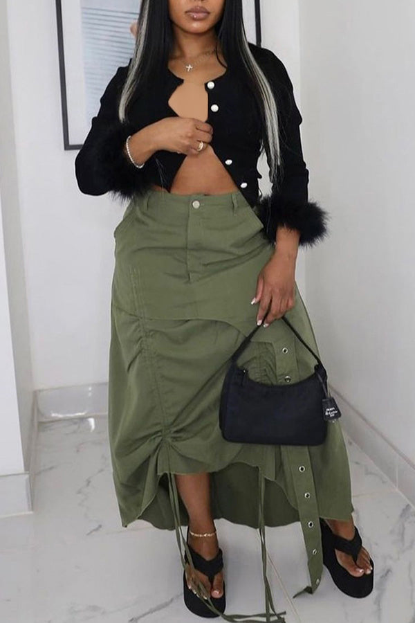 Statement Pocket Solid Color Asymmetric Drawstring Long Skirt