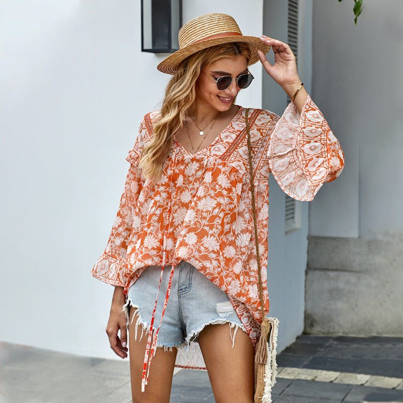 Women's Floral Boho Ruffle V-Neck Flared Sleeve Top