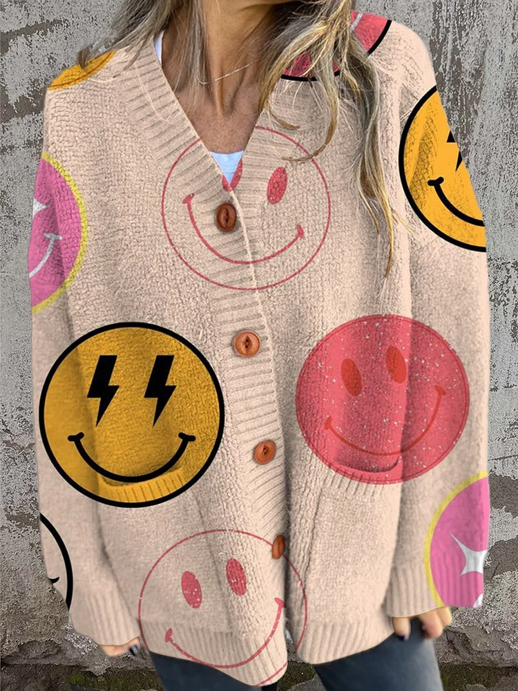Women's Stick Figure Smiley Face Art Print Buttoned Cardigan Sweater