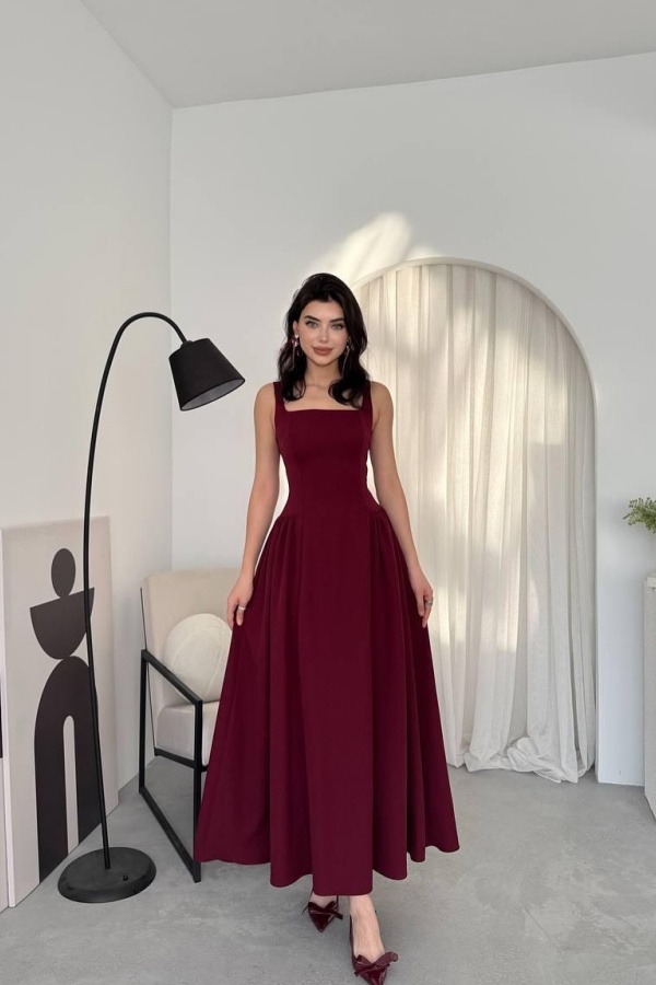Burgundy A-Line Square-Neck Ankle Length Semi-Formal Prom Dress ZT0802