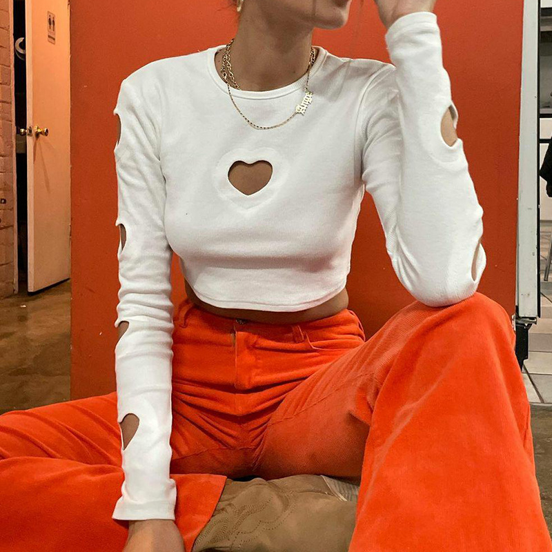 HOLLOW HEART THREADED LONG SLEEVE TOP