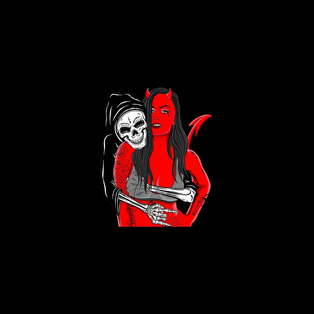Skull Hugging the Devil Lady Black Print T-shirt