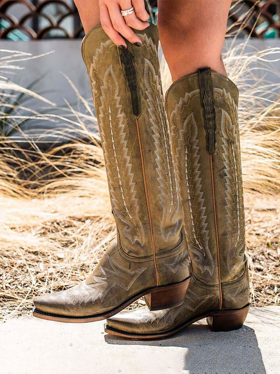 Khaki Vegan Leather Snip Toe Vamp Stitch Pattern Wide Calf Knee-High ...