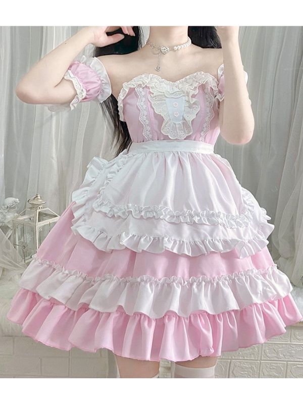 Lolita Sleeveless Off Shoulder Strapless Tiered Ruffled Mini Maid Dress