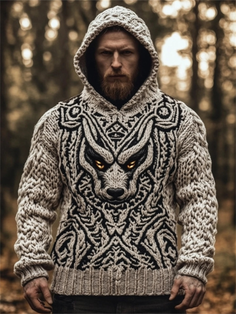 Men's Viking Wolf Celtic Cozy Chunky Hooded Sweater
