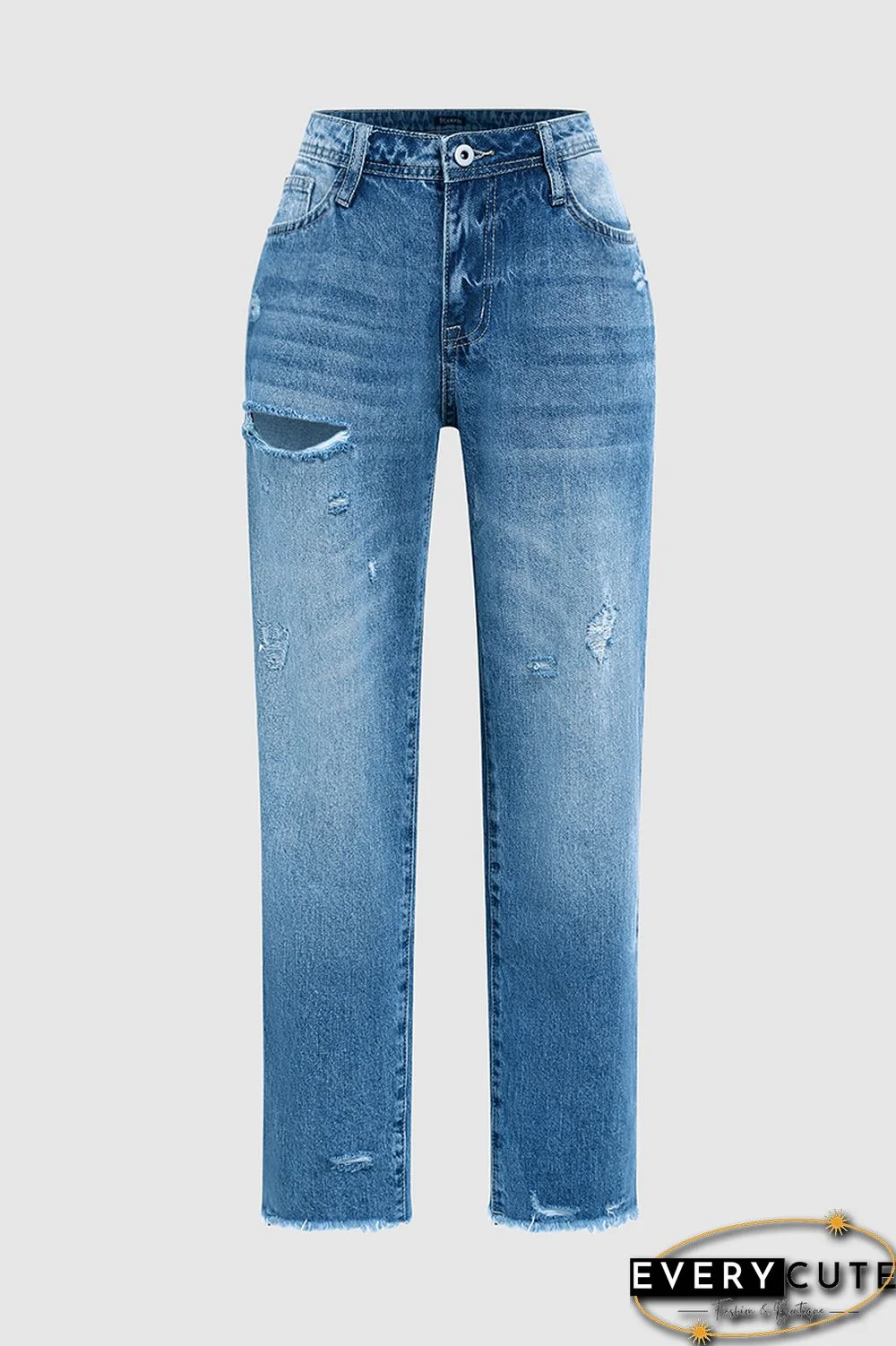 Ripped Raw Hem Zip Fly Mid Rise Straight Leg Jeans