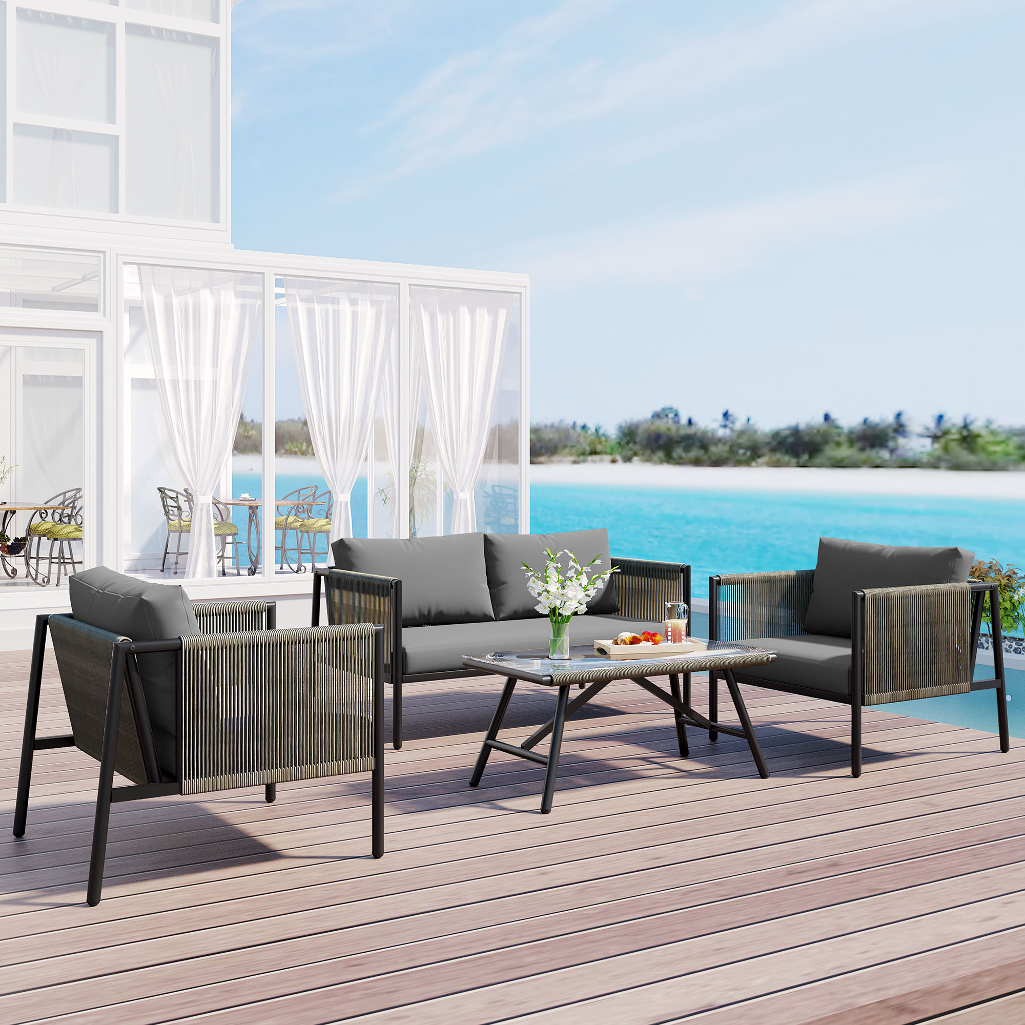 GO 4-Piece Rope Sofa Set with Thick Cushions and Toughened Glass Table ...