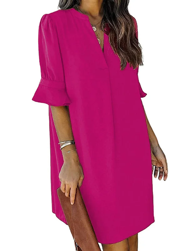 Elegant A-Line V-Neck Mini Dress with Flared Sleeves and Ruffled Pleats