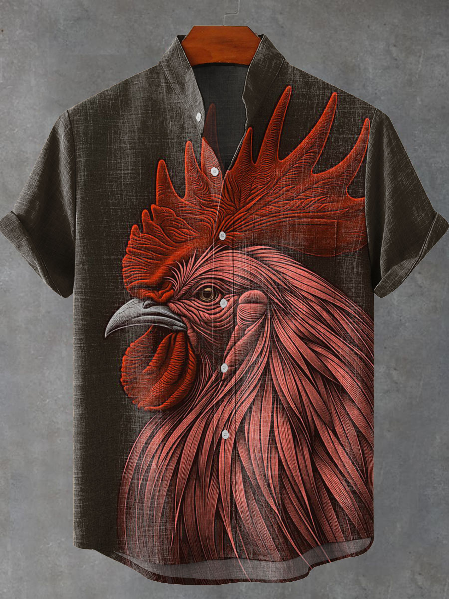 Red Crown Rooster Decorative Pattern Casual 100% Cotton Shirt