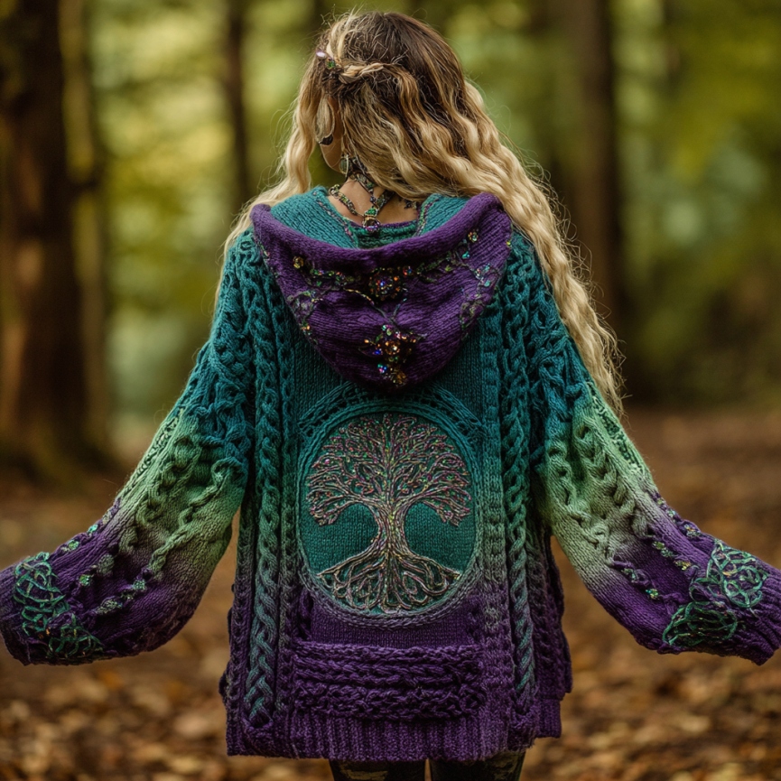 Women's Vintage Viking Tree Of Life Gradient Art Knit Zipper Cardigan ...