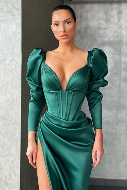 Daisda Mermaid Dark Green Long Sleeves Prom Dress