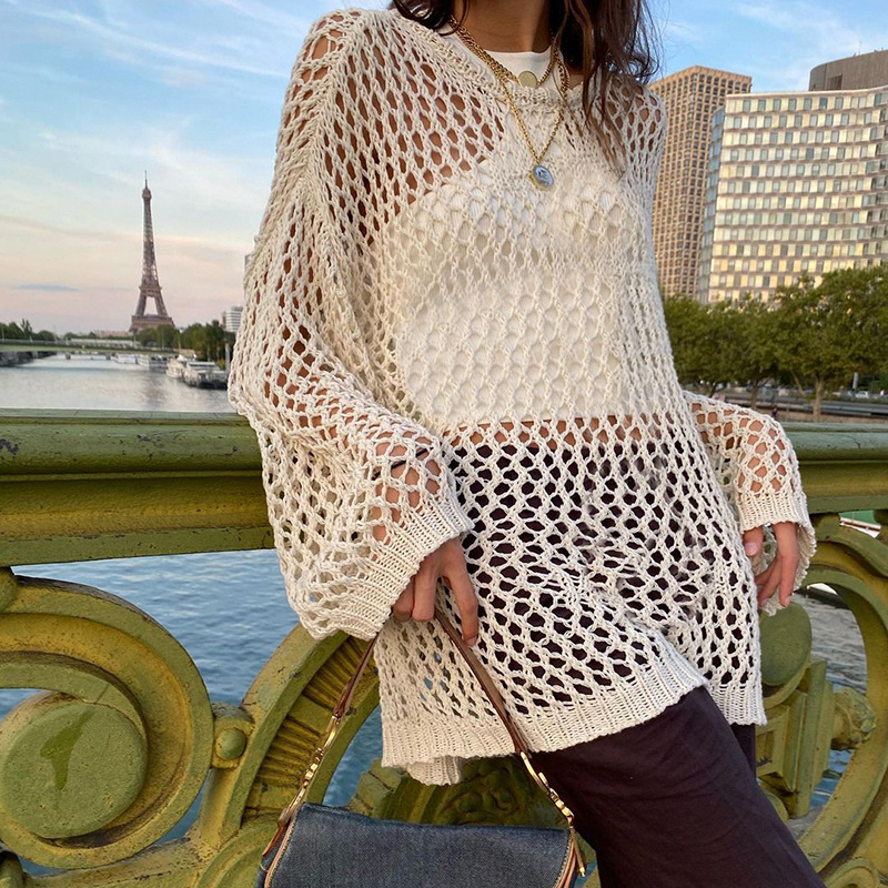 HOLLOW FISHNET KNIT SWEATER SMOCK