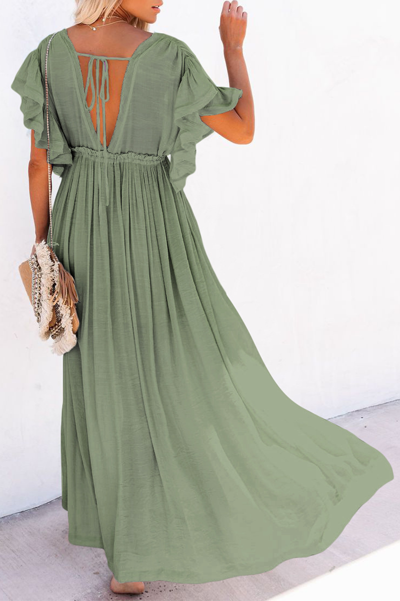 Elegant Solid Frenulum Buckle V Neck A Line Maxi Dresses(7 Colors)