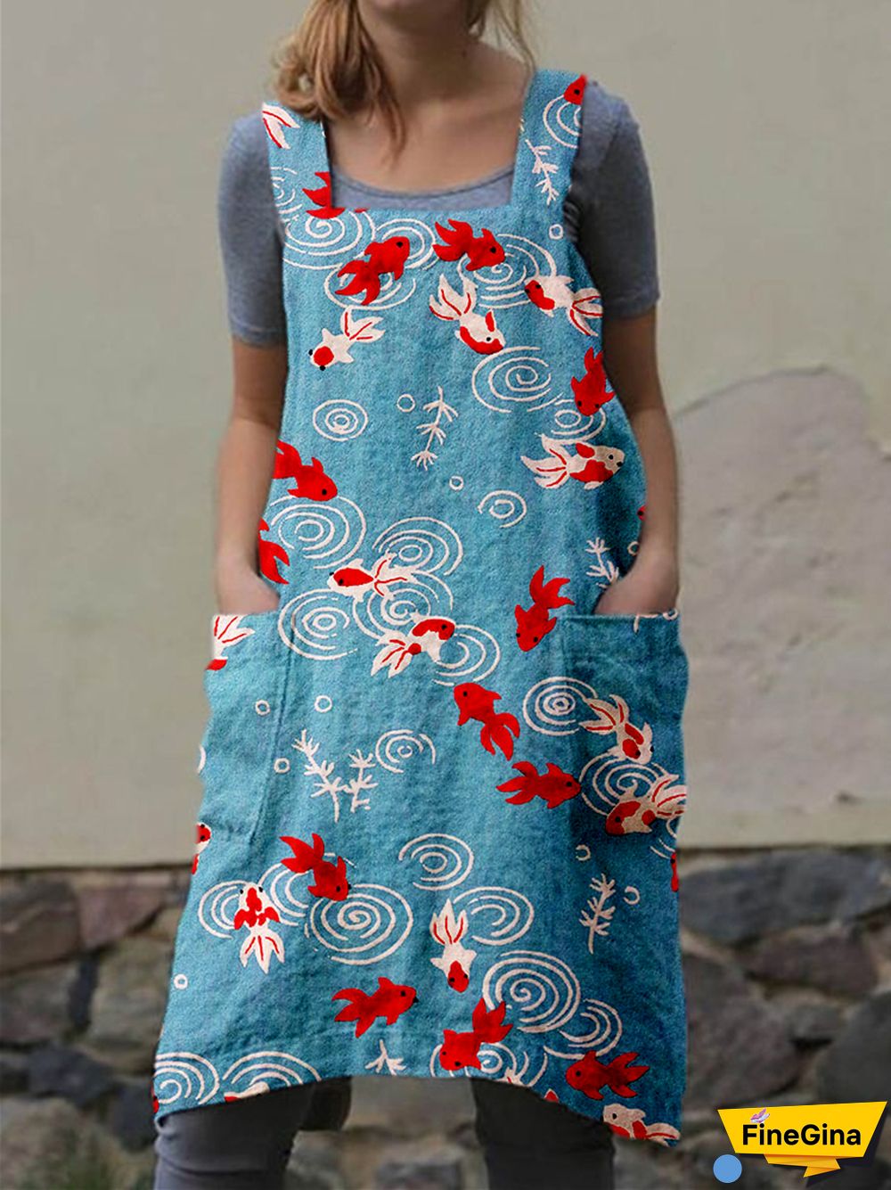 FineGina Japanese Gold Fish Art Graphic Patch Pocket Cross Back Apron