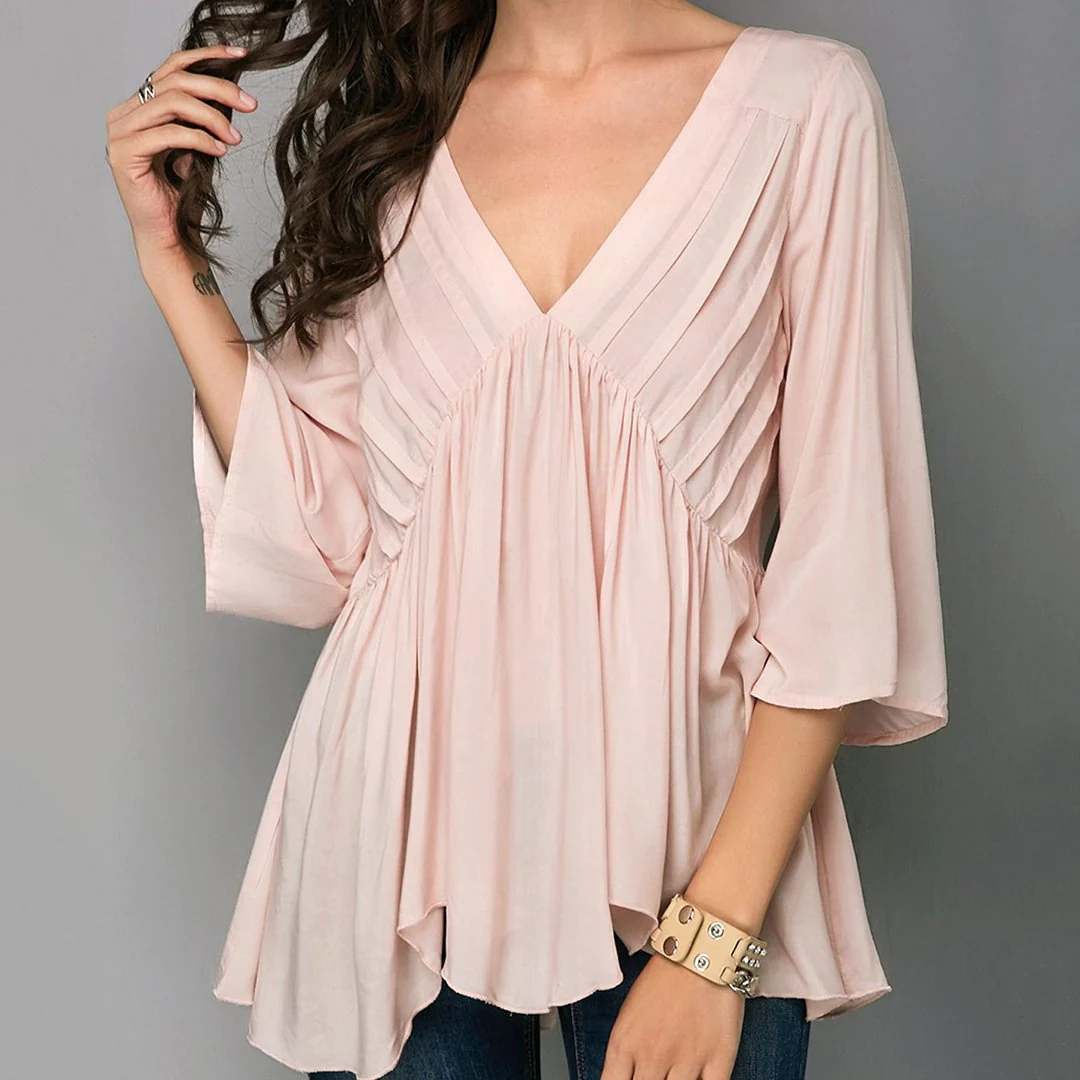 Casual V Neck Halflong Sleeve Pure Colour Shirt
