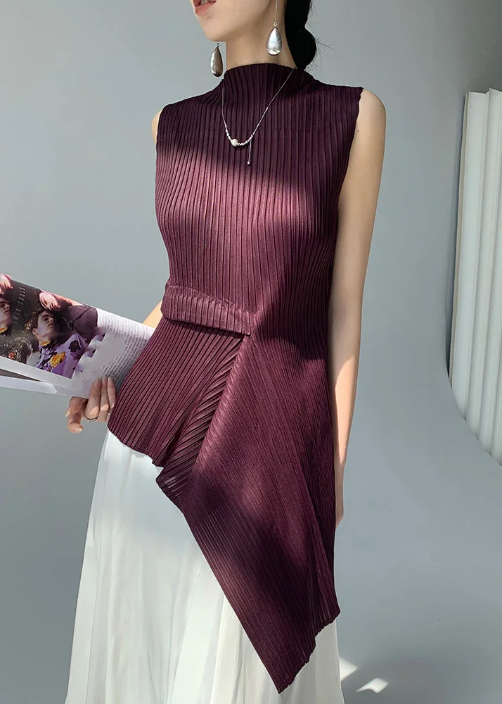 Italian Purple Turtleneck Asymmetrical Patchwork Tops Summer