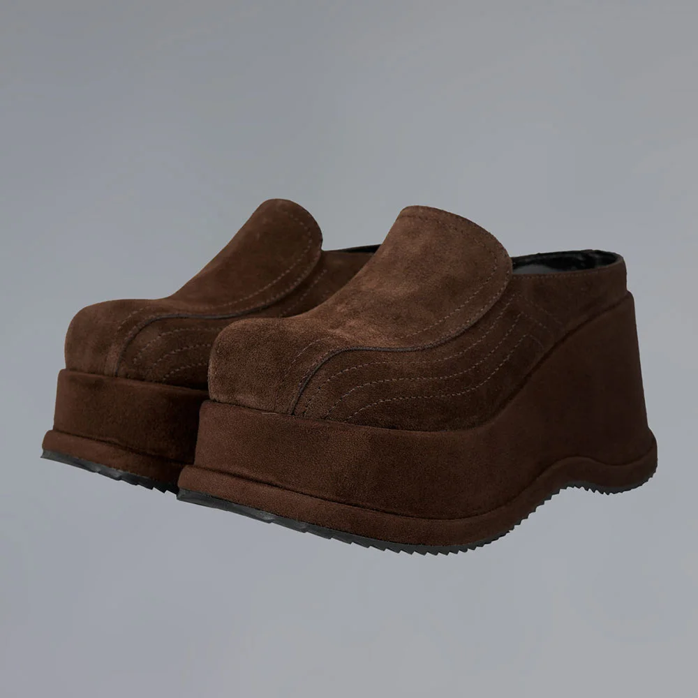Women's Brown Closed Toe High Wedge Heel Slip On Platform Mules