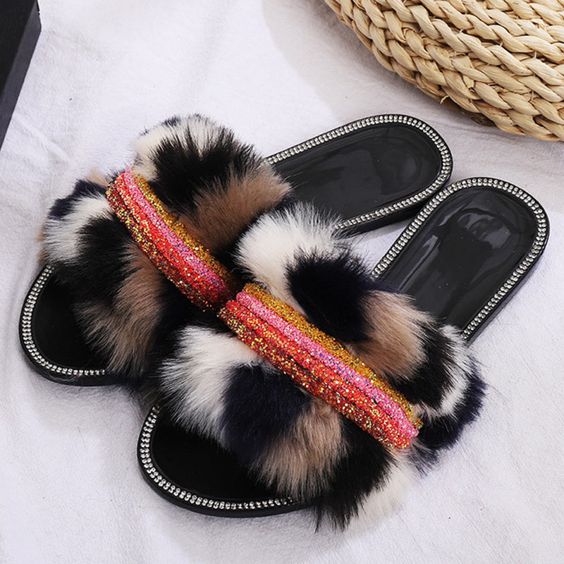 Colorblock Rhinestone Fluffy Flat Sandals