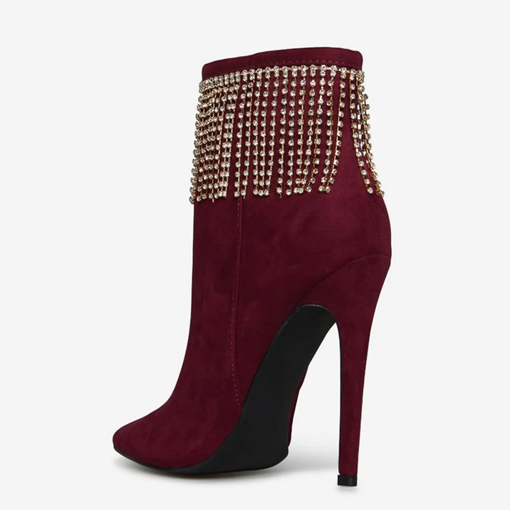 Maroon Suede Closed Pointed Toe Rhinestone Boots With Stiletto Heels
