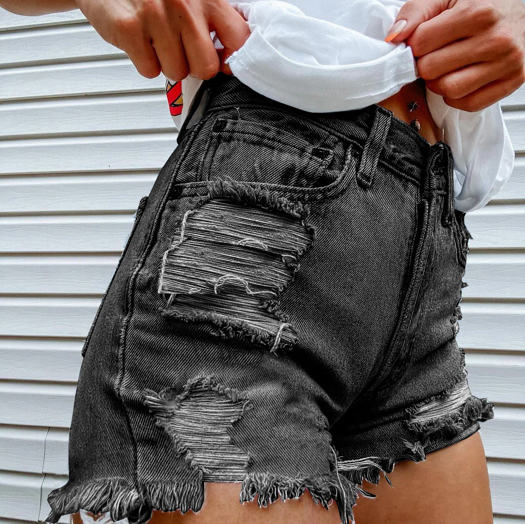 SKULL FRAYED DENIM SHORTS