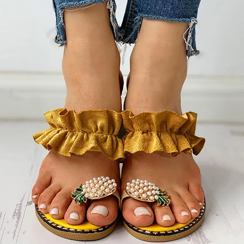Pineapple Pattern Toe Ring Frill Hem Casual Sandals - Womens Fashion