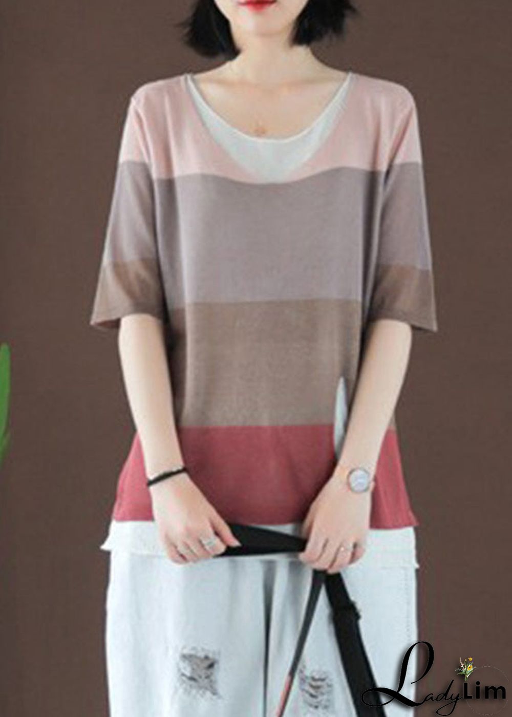 Casual O-Neck Striped Patchwork Ice Silk Top Short Sleeve - Ladylim