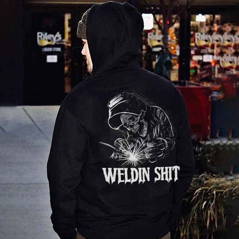 MOTOSUNNY WELDIN SHIT Skull Worker Letter Casual Black Print Hoodie
