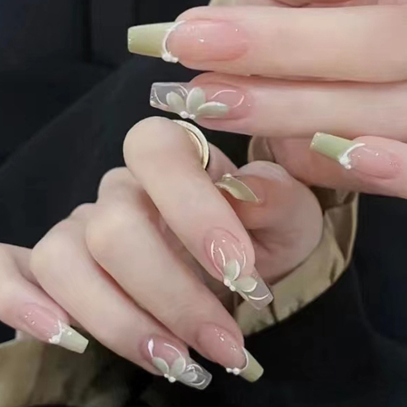Churchf Green Coffin Fake Nails Full Set French Tip Press on Nails with ...