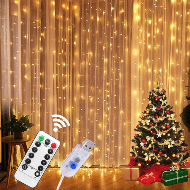 3M LED USB Power Remote Control Curtain Christmas Garland Lights Fairy ...