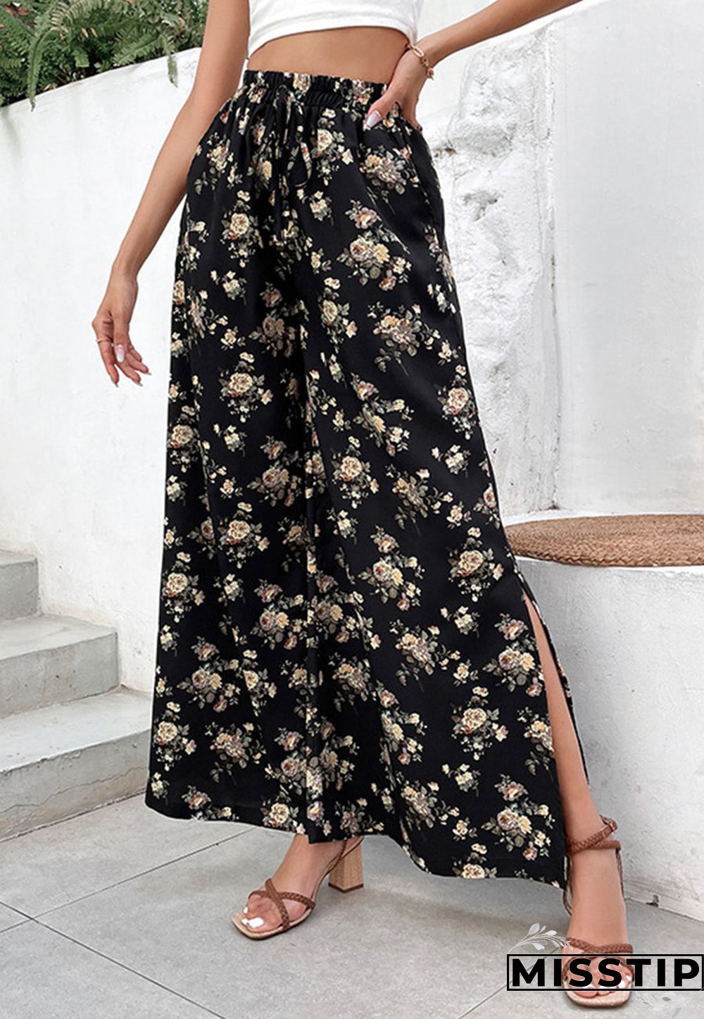 Floral Print Side Slit Pants - MissTip