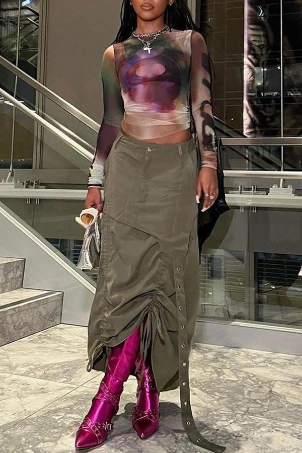 Statement Pocket Solid Color Asymmetric Drawstring Long Skirt