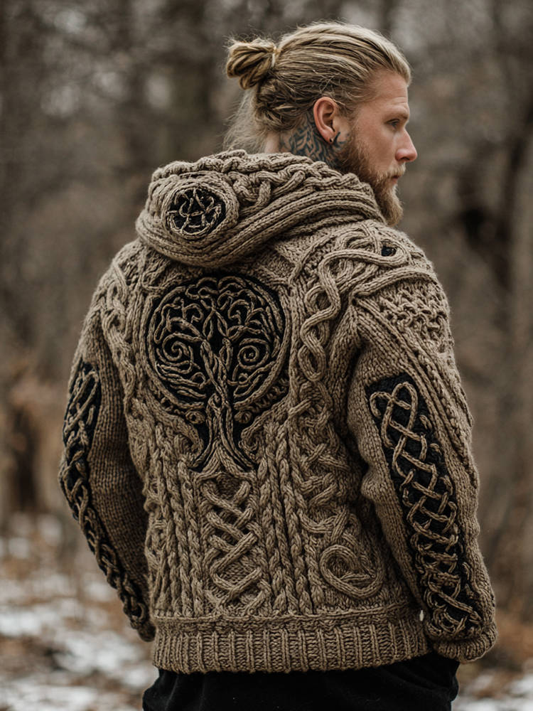Men's Vintage Viking Tree Of Life Celtic Knot Art Chunky Knit Hooded ...
