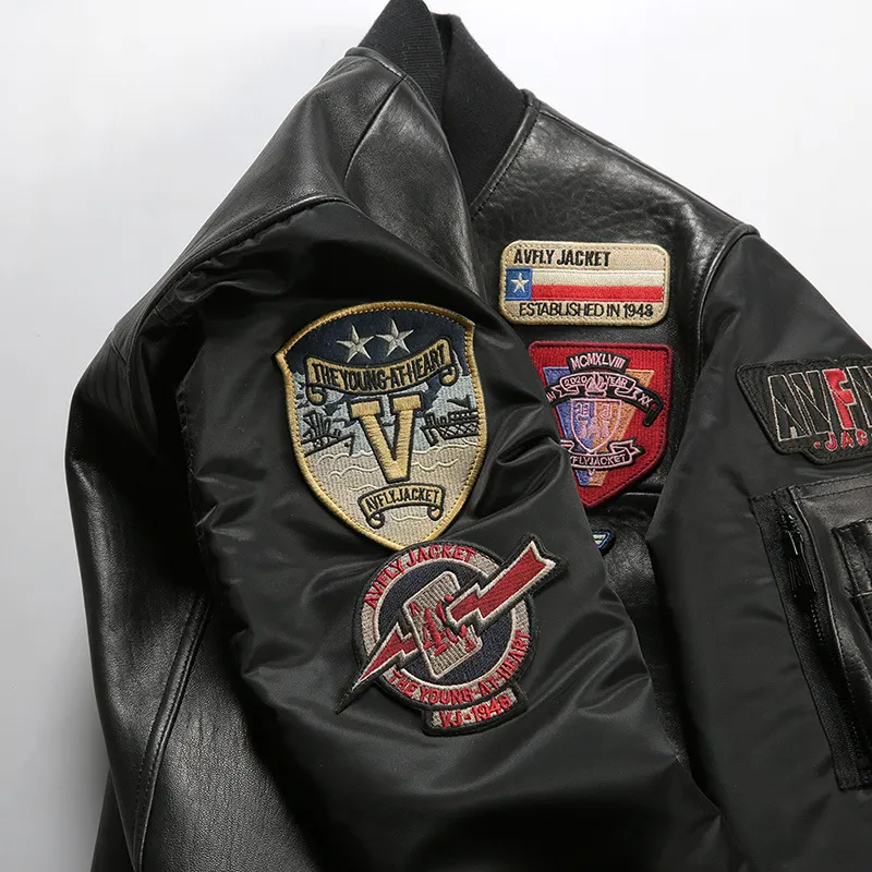 MA-1 Genuine Leather Baseball Jacket for Men - Stand Collar, Sheepskin ...