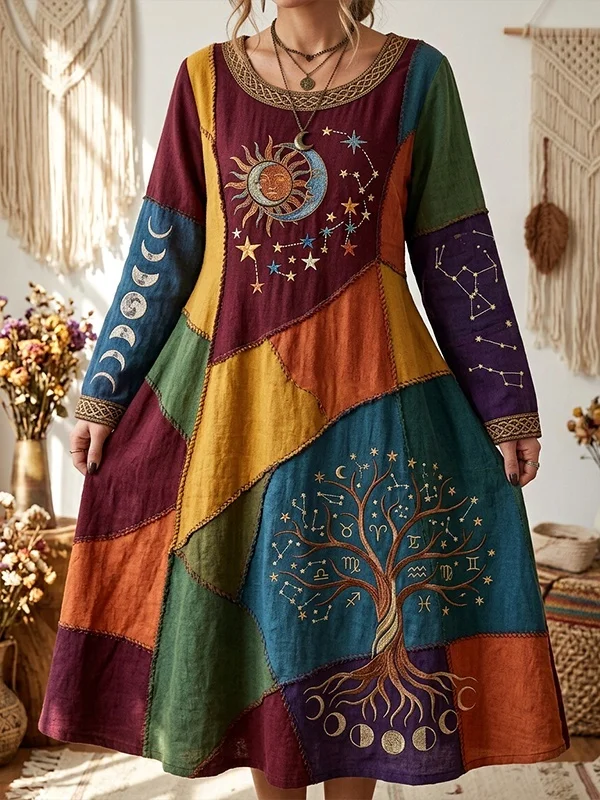 Women's Vintage Mystical Bohemian Stars Moons Color Blocking Print ...