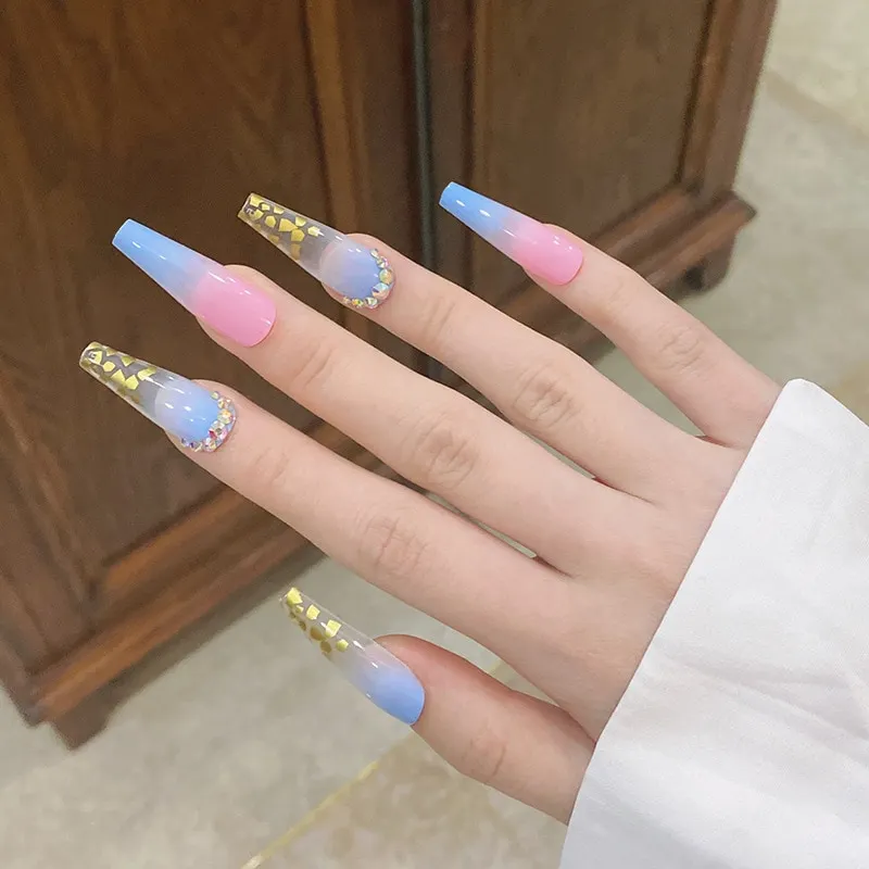 Churchf Pastel Rainbow Ombre Fake Nails Set Press on Faux Ongles Extra ...