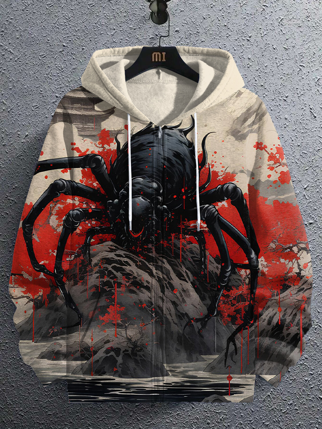 Men's Halloween Nightmare Bloody Spider Print Hooded Zip Up Jacket