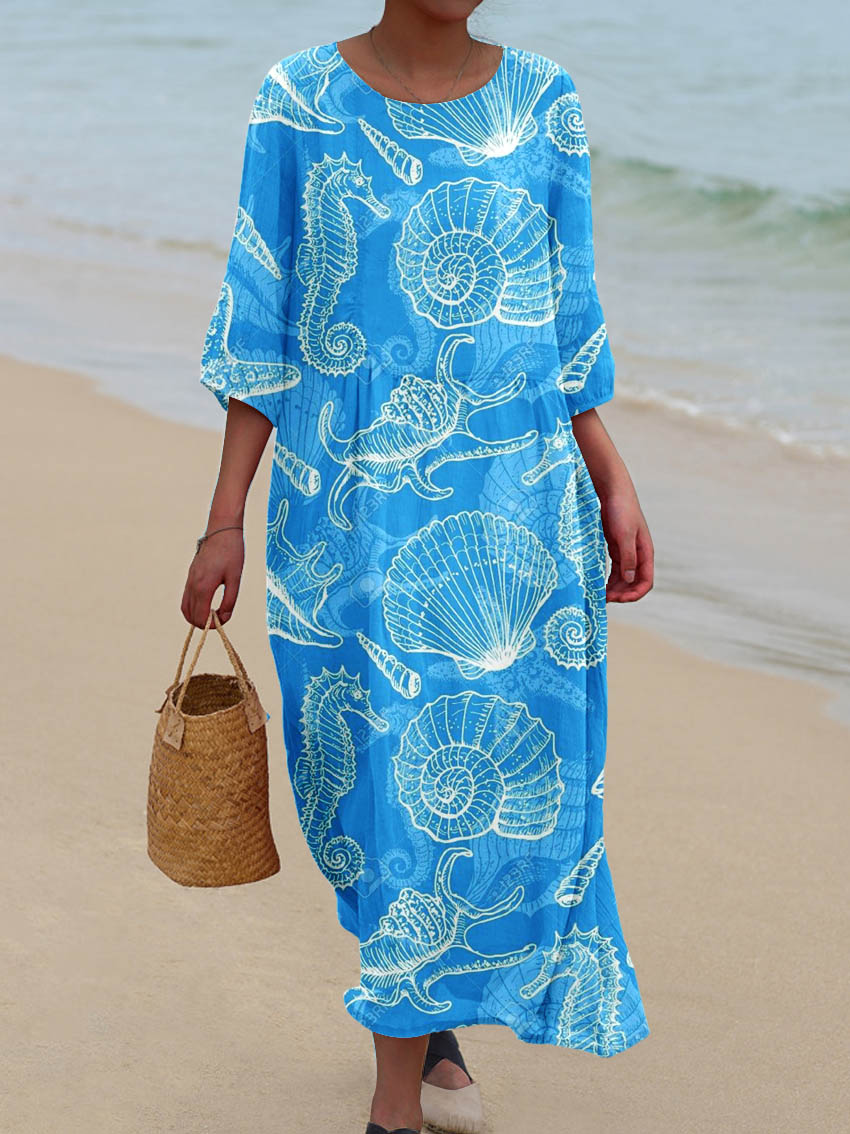 Womens Ocean Resort StyleWatercolor Conch Pattern Pocket Cotton Dress