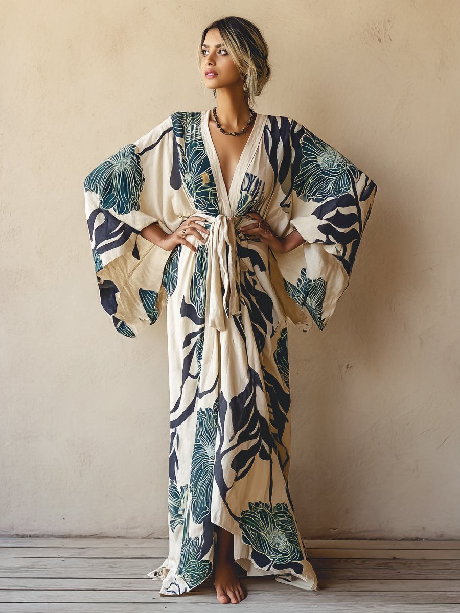 Women's Blue Floral Kimono Linen Robe (Including Belt)