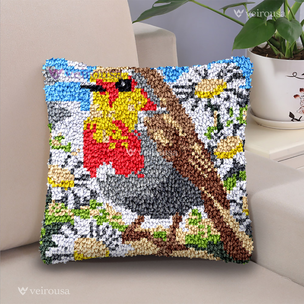 Robin on Daisies Bird Latch Hook Pillow Kit for Adult, Beginners and Kid