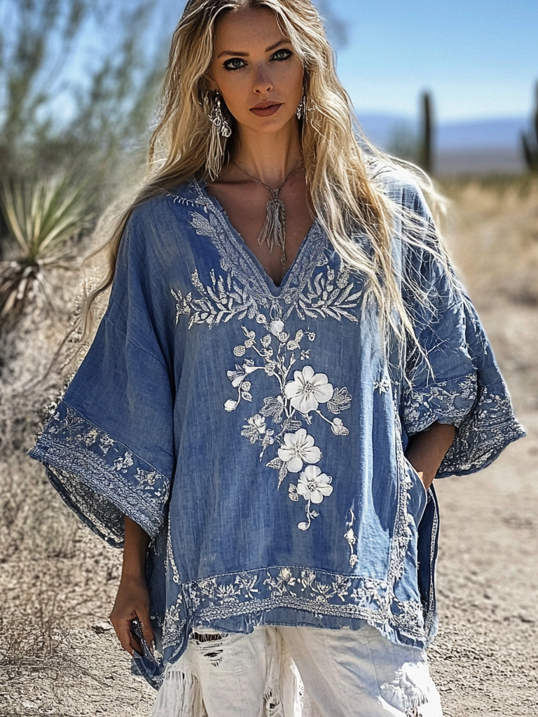 Vintage Bohemian Floral Embroidered Denim Shirt