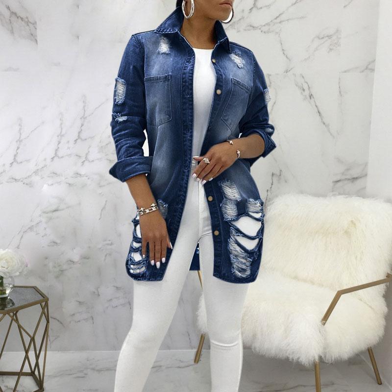 Denim Cutout Fringe Ripped Coat