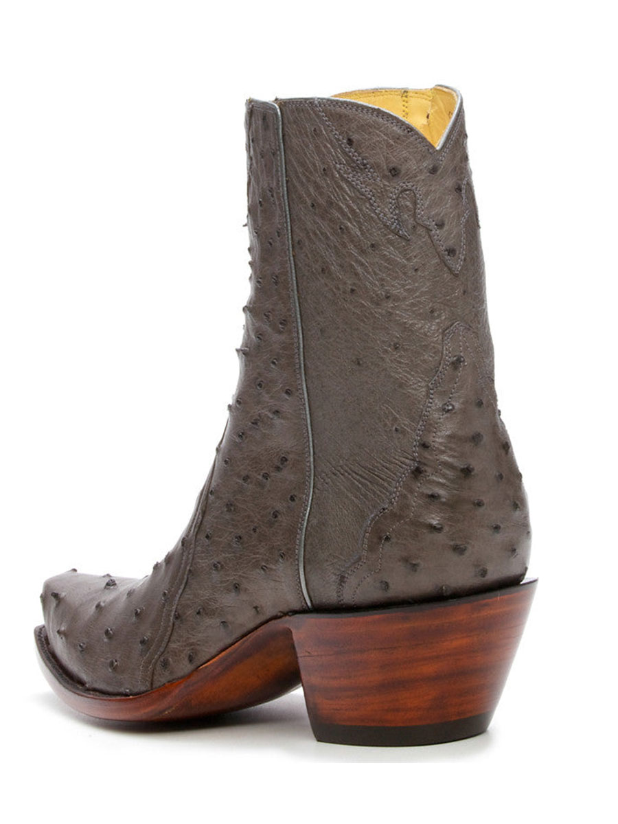 Grey Ostrich Embossed Stitched Snip Toe Chunky Heel Ankle Boots