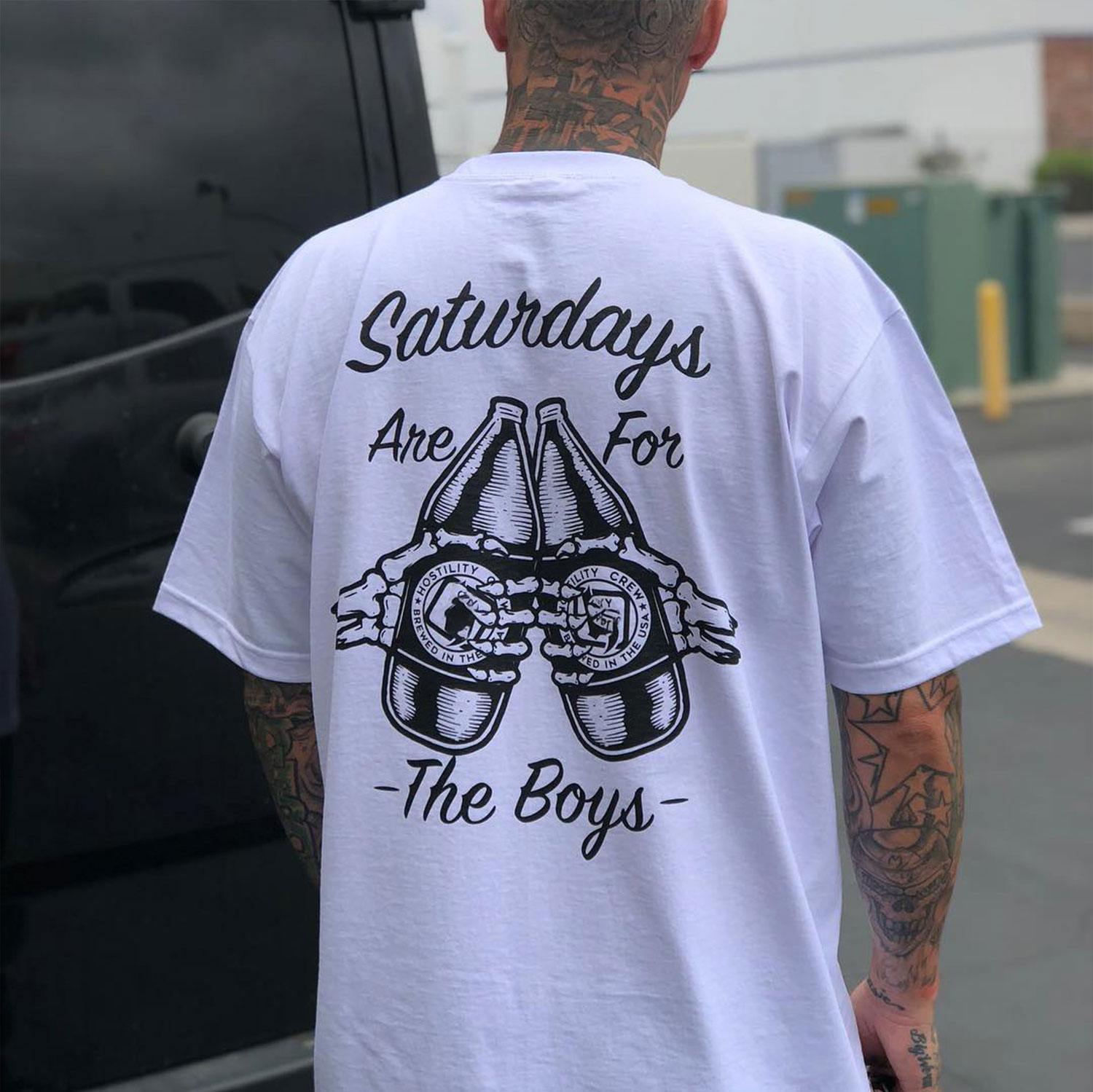 MOTOSUNNY Saturdays The Boys Bone Hands Drinking Graphic White Print T ...