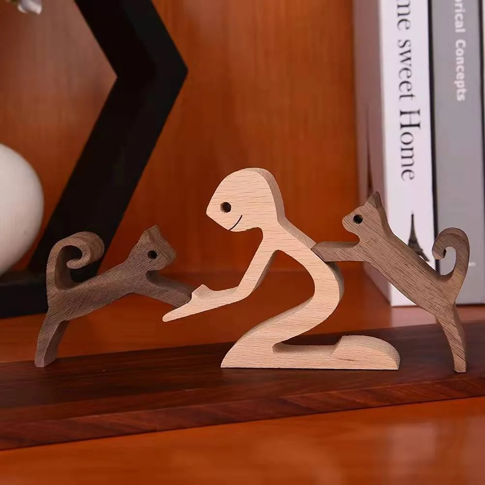Purexcellent™ Creative simple wooden boy and cat home desktop carving ...